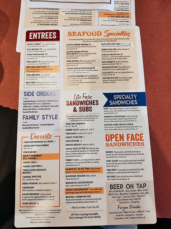 The menu reads like a love letter to the Chesapeake Bay, with crab prepared more ways than there are O's in Baltimore.