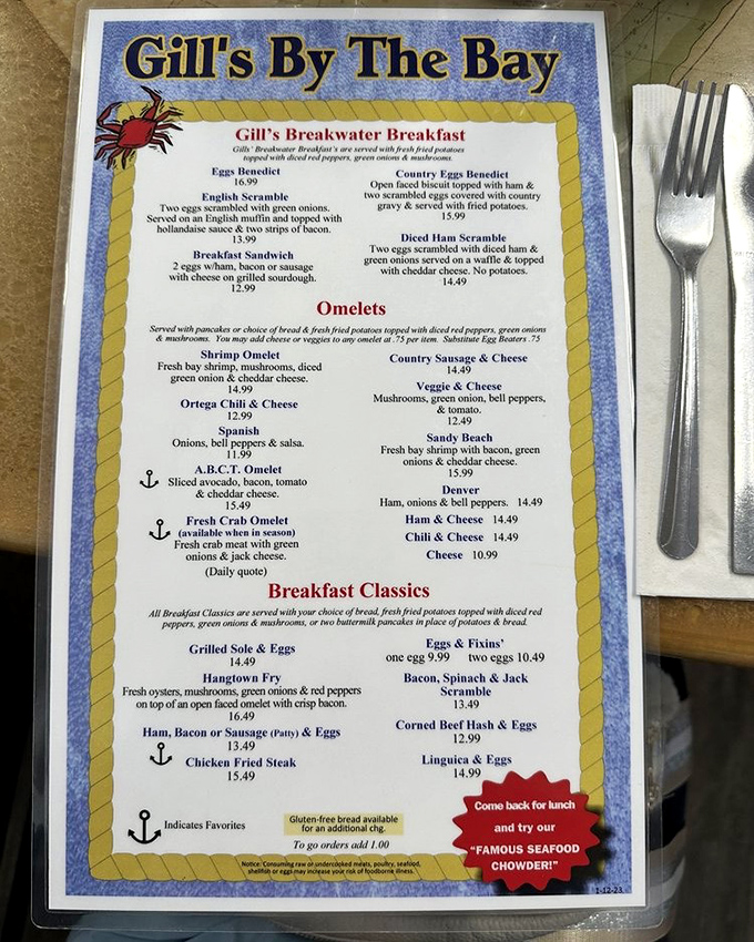 The menu reads like a love letter to seafood, with those little anchor symbols pointing the way to local favorites worth their weight in gold.