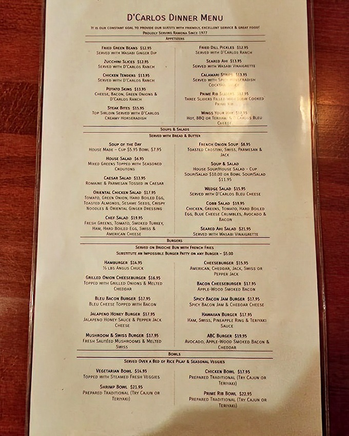 A menu that reads like a love letter to comfort food classics, offering everything from prime rib to burgers that would make your cardiologist wince and your taste buds rejoice.