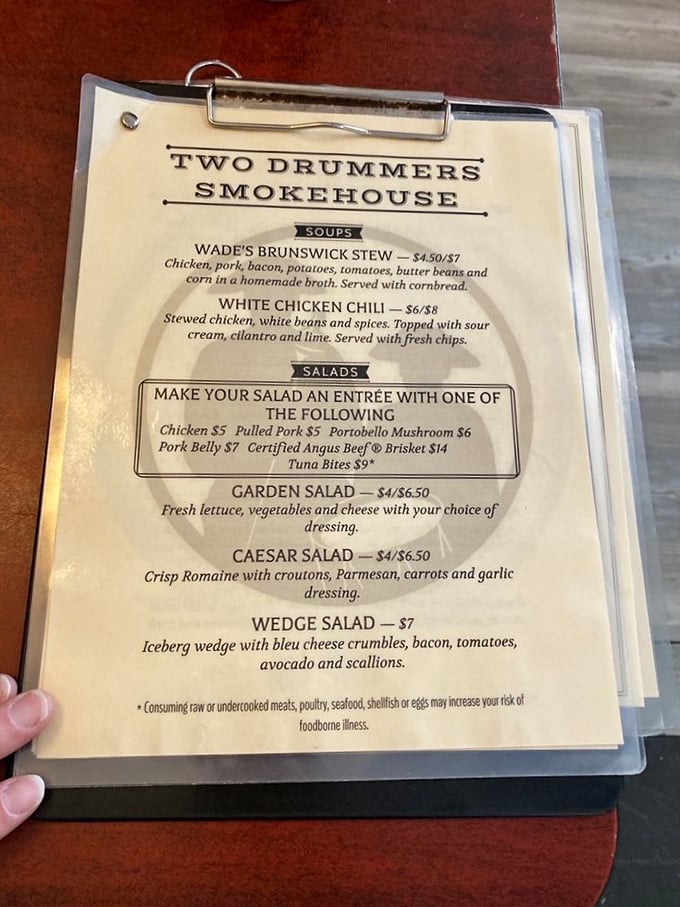 A menu that reads like barbecue poetry – Wade's Brunswick Stew and White Chicken Chili are just the opening acts to the smoky main event.