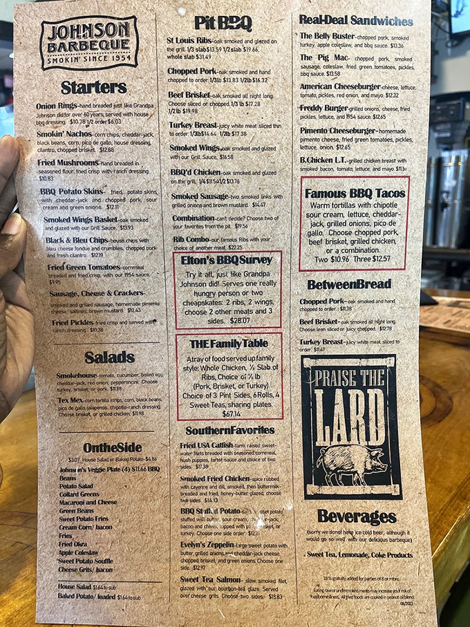This menu isn't just a list of food&mdash;it's a manifesto of smoke-kissed possibilities, with "Praise the Lard" proudly proclaiming their unapologetic devotion to flavor.