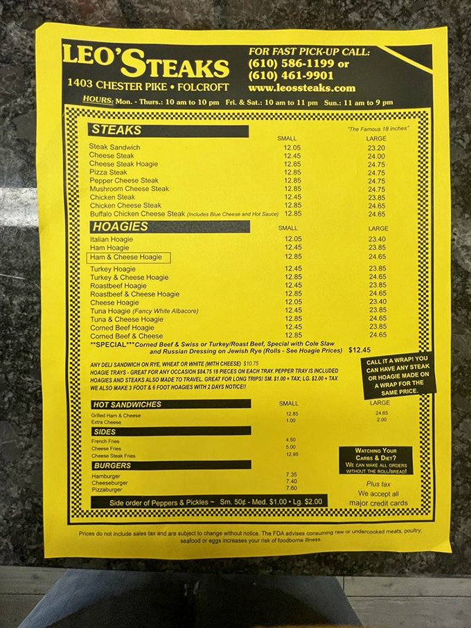 The legendary yellow menu—a treasure map where X marks the spot for sandwich perfection. Choose wisely, though you can't really go wrong.