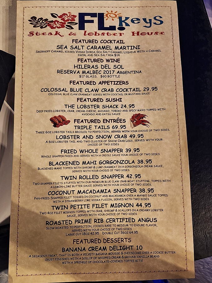 This isn't just a menu&mdash;it's a treasure map to oceanic bliss. Each item promises a different adventure, from Triple Tails to that Sea Salt Caramel Martini calling your name.