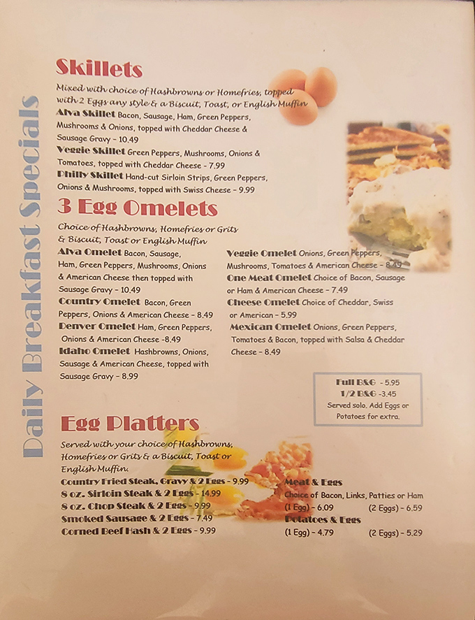 The menu reads like breakfast poetry &ndash; skillets, omelets, and platters that promise to turn your morning hunger into pure satisfaction.