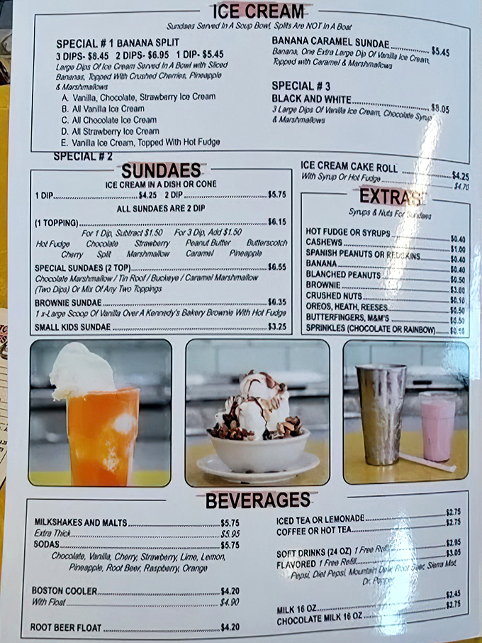 This menu isn't just a list of options&mdash;it's a historical document. The "Sundaes Served in a Soup Bowl" isn't hyperbole, it's a promise. 