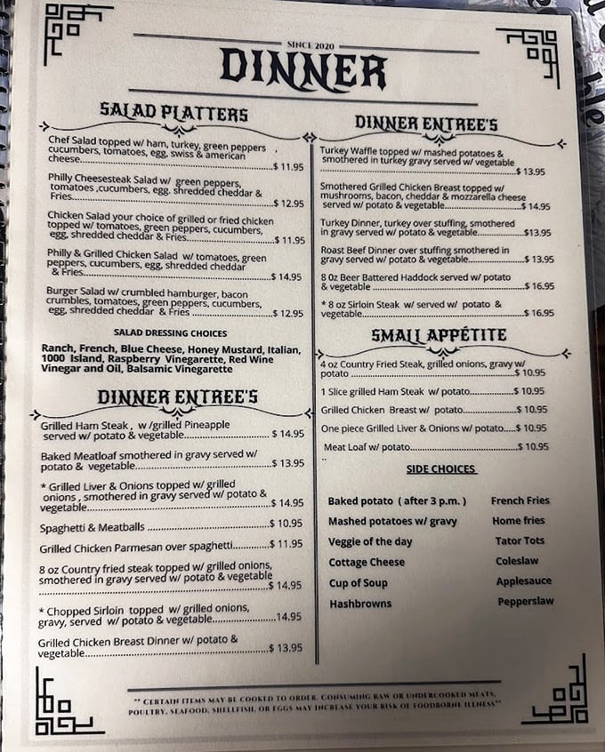 A menu that reads like a love letter to American comfort food, with enough options to satisfy even the most indecisive diner.