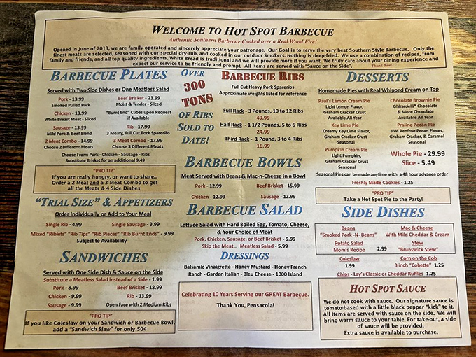 A menu that tells you everything you need to know: 300 tons of ribs sold can't be wrong. Barbecue math always adds up to happiness.