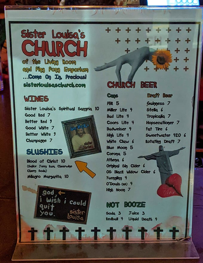 Even the menu embraces the irreverent spirit with drinks like "Blood of Christ" slushie.