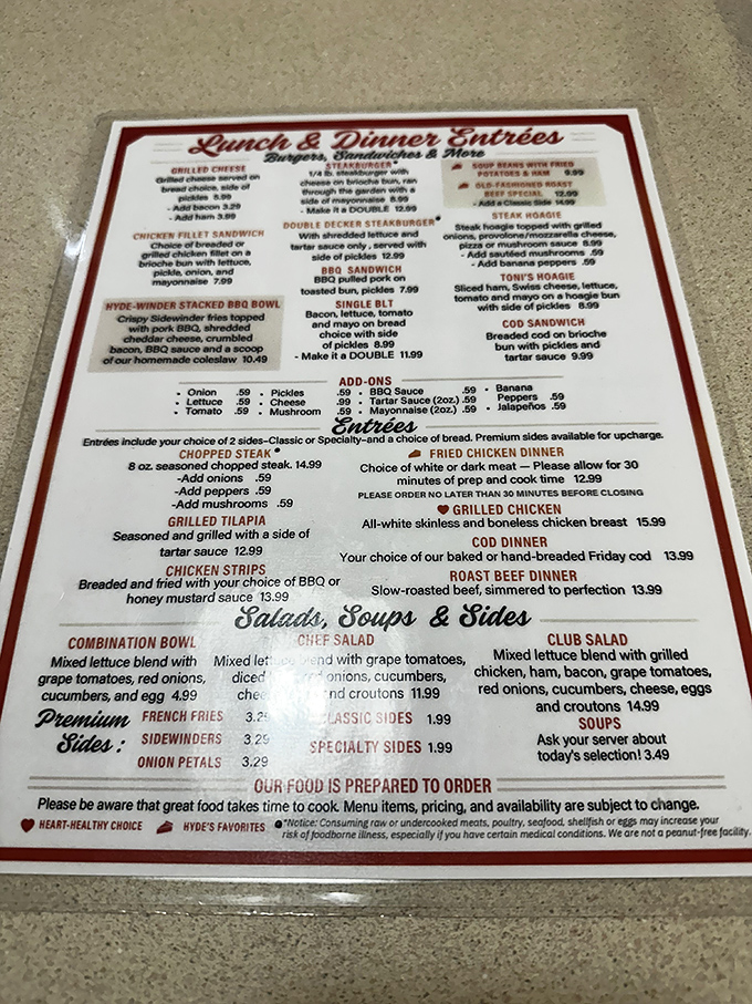 A menu that reads like a love letter to American classics. No foam, no deconstruction, just the promise of honest food prepared with care.