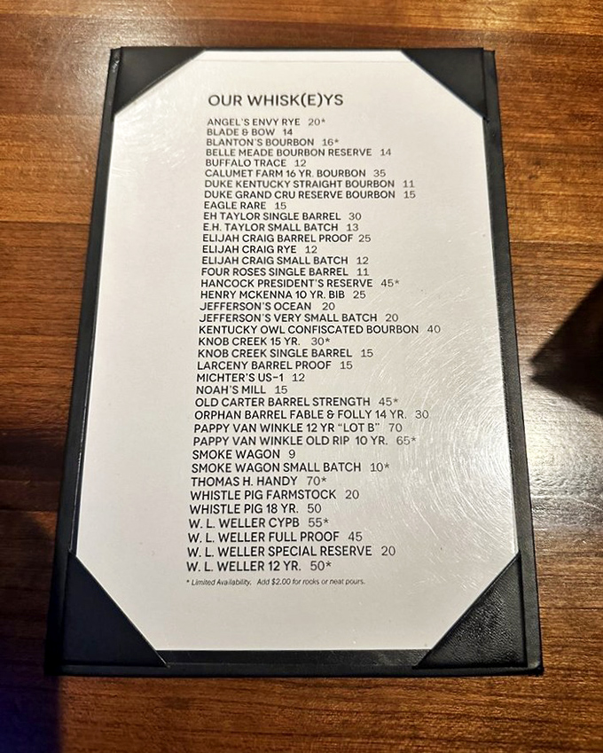 That whiskey list reads like a love letter to Kentucky bourbon &ndash; each bottle promising its own adventure.
