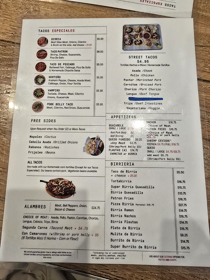 The menu reads like a love letter to Mexican street food, with the birria section commanding attention like the headliner at a sold-out concert.