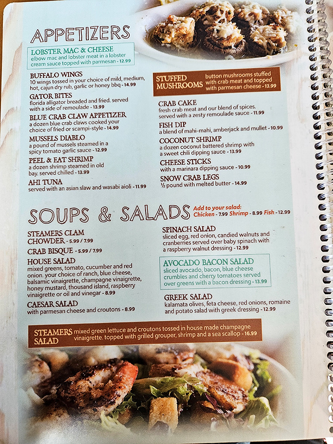 This menu isn't just a list—it's a treasure map. X marks the spot where Lobster Mac & Cheese meets Gator Bites.