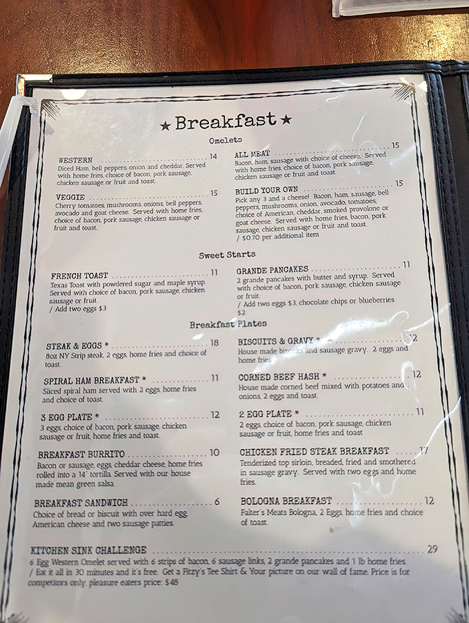 This menu reads like a love letter to comfort food, with omelets stealing the spotlight.