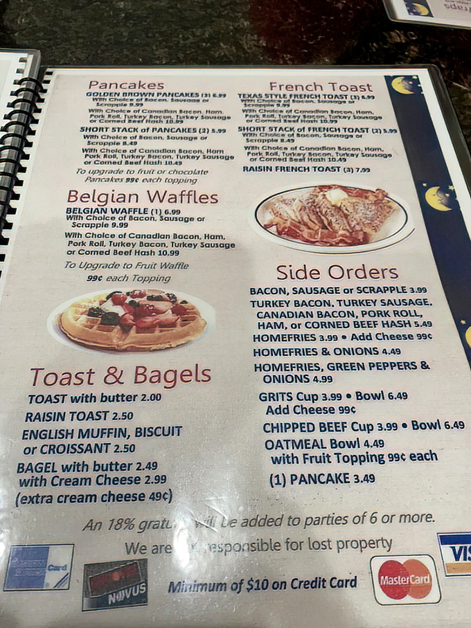 This menu isn't just a list of food &ndash; it's a roadmap to happiness. The Belgian waffle section alone could solve world peace.