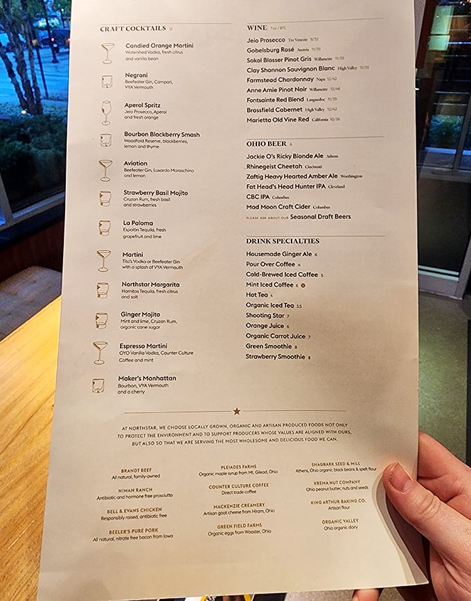 This isn't just a menu&mdash;it's a roadmap to flavor paradise with local Ohio brews sharing space with craft cocktails. The bottom reveals their farm partnerships like credits in a delicious movie.