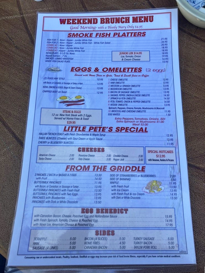 The breakfast menu at Little Pete's reads like a love letter to morning indulgence. From smoke fish platters to blintzes, it's a roadmap to happiness.