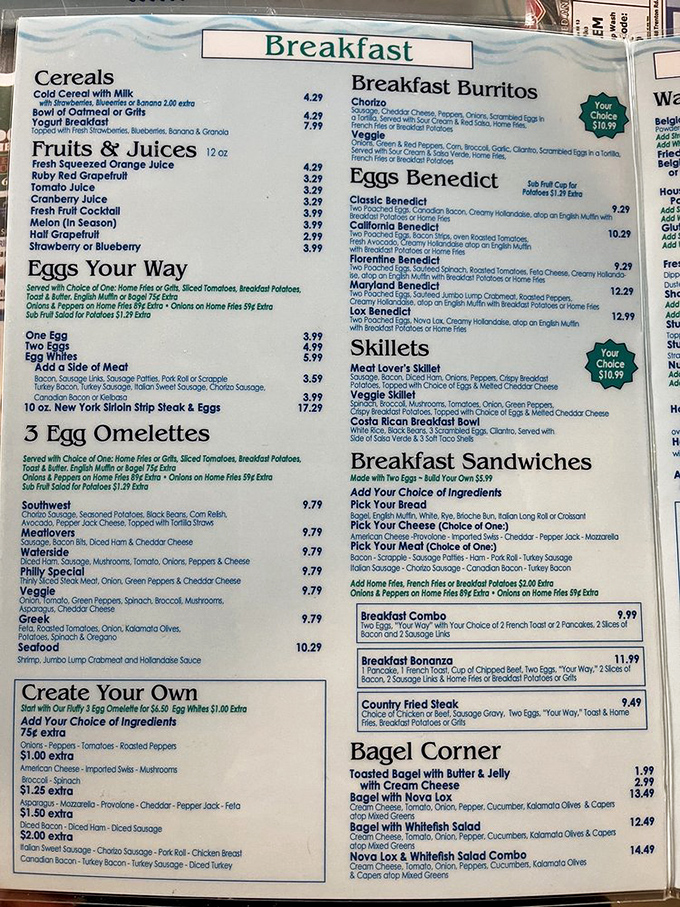 A breakfast menu that reads like poetry to hungry souls. Notice the five different Benedict options? That's commitment to morning excellence.