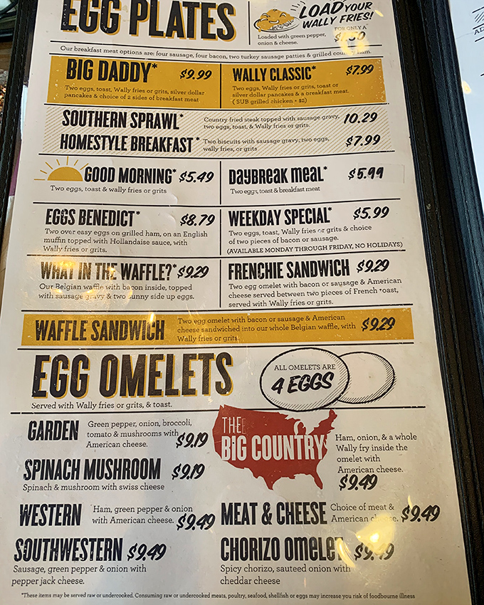 This menu isn't just a list of options&mdash;it's a roadmap to breakfast nirvana. The "What in the Waffle" alone deserves its own ZIP code.