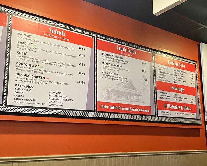 Decision paralysis has never felt so good. The straightforward menu board showcases Gino's priorities: burgers, chicken, and those legendary milkshakes worth every calorie.