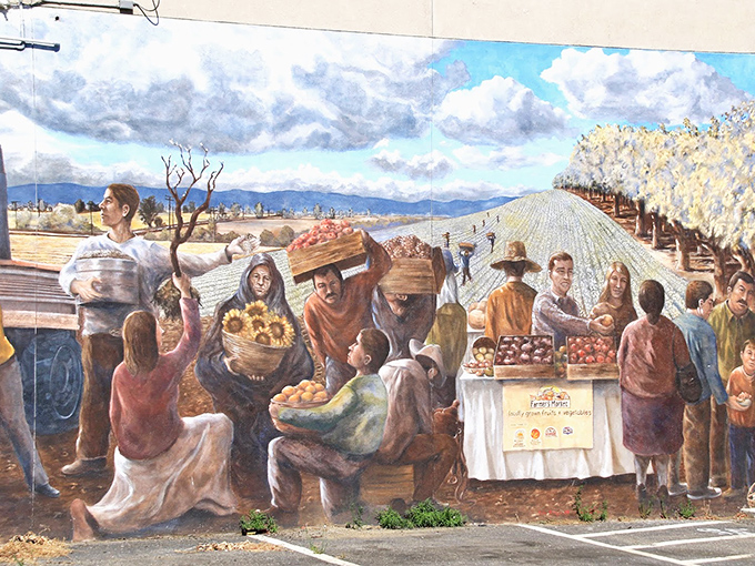 This vibrant mural celebrates Red Bluff's agricultural heritage, telling stories of community harvests without the exorbitant farm-to-table price tag.