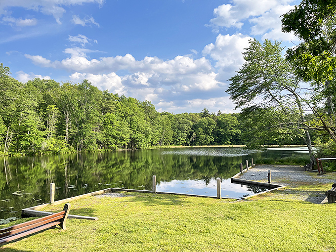 Mirror-like waters create nature's own infinity pool, where clouds and trees play doubles with their reflections.