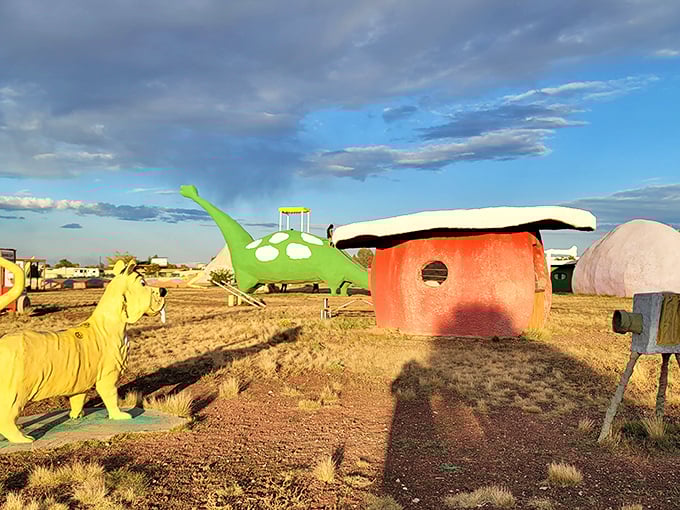 Golden hour at Raptor Ranch transforms these colorful prehistoric dwellings into a surreal landscape that would make Salvador Dal&iacute; proud.