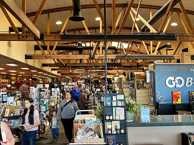Exposed wooden beams create a cathedral-like atmosphere where worshippers of the written word gather to practice their devotion to pre-loved culture.