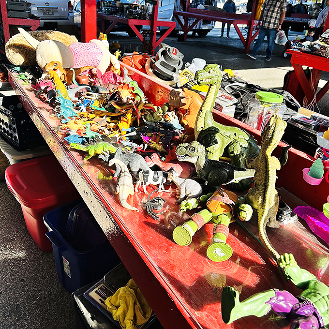 Prehistoric plastic paradise! One vendor's collection of dinosaur figures would make even Ross Geller geek out with paleontological delight.