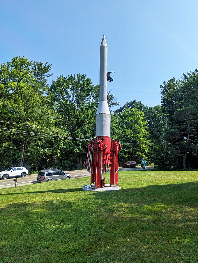 Houston, we have an attraction! This repurposed rocket stands ready for liftoff, proving one man's junk is another's journey to the stars.