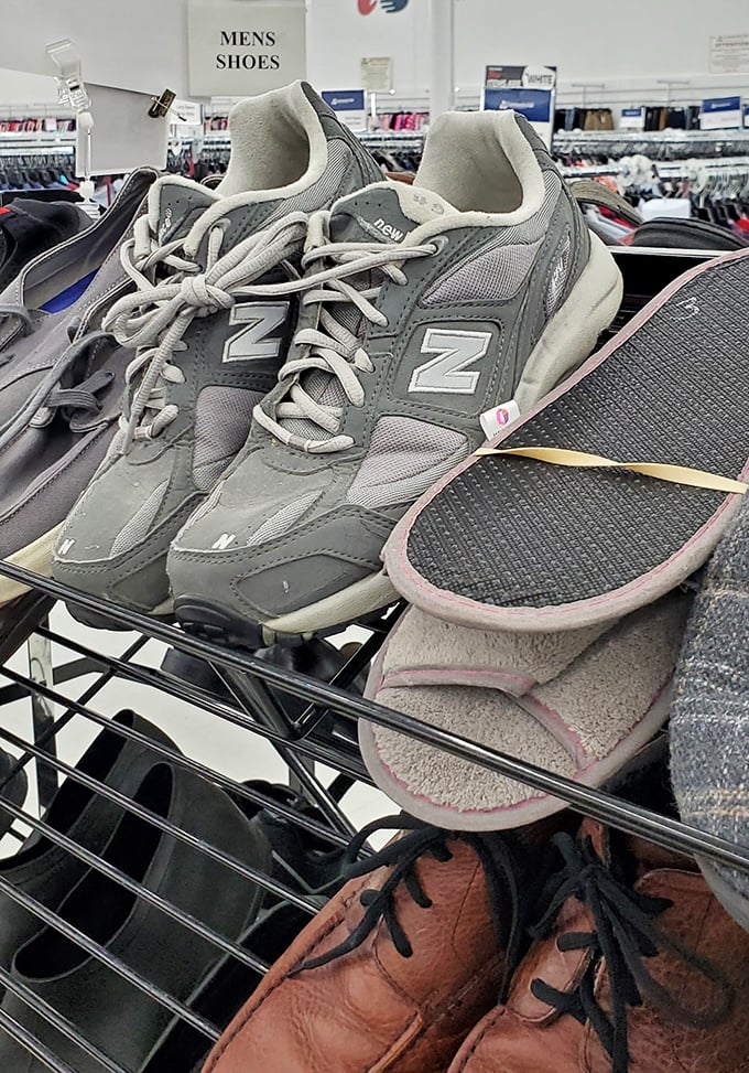 The shoe section: where barely-worn New Balance sneakers and cozy slippers find new homes, proving one person's "last season" is another's "just what I needed!"