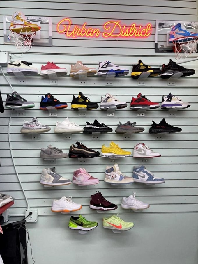 The Urban District sneaker display isn't just footwear&mdash;it's a museum of athletic fashion history where basketball dreams are sold by the pair.