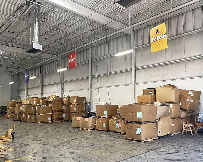 Beyond these stacked boxes lie literary treasures and footwear finds waiting for their perfect match&mdash;archaeological digging tools recommended.