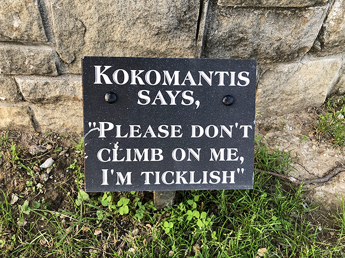 "Please don't climb on me, I'm ticklish." Who knew giant metal mantises had such delightful senses of humor?