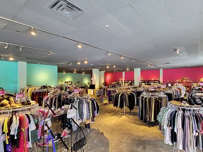 Clothing racks organized with breathing room &ndash; a rarity in thrift stores where you typically need contortionist skills just to browse.