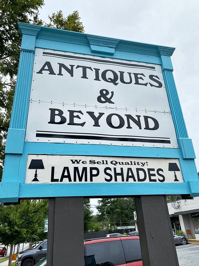 Not just a store sign—it's a beacon for collectors across Georgia. The turquoise-framed proclamation even promises quality lamp shades for the discerning shopper.