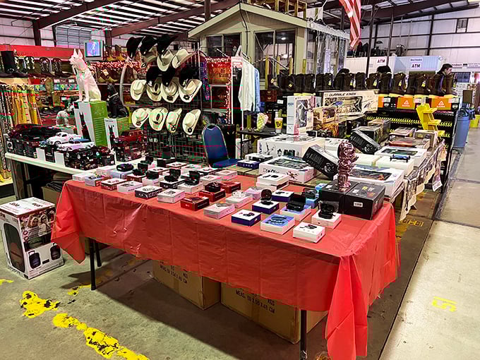 This isn't just merchandise&mdash;it's a miniature museum of Americana where cowboy hats meet gadgets and patriotic flags wave over potential purchases.