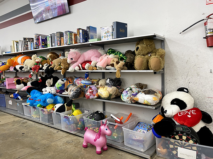 One shopper's outgrown teddy bear becomes another child's best friend. This stuffed animal reunion looks like a support group for toys waiting for their second chance.