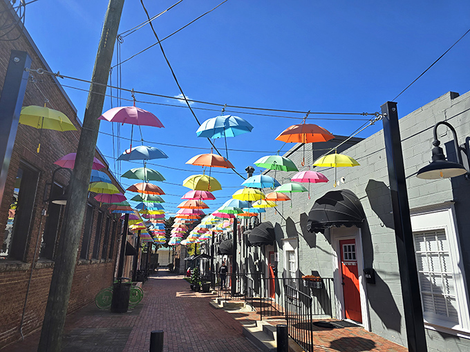 Who needs weather forecasts when you've got permanent sunshine? This whimsical umbrella installation turns an ordinary alley into an outdoor art gallery.