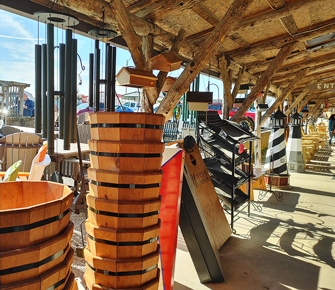 Rustic meets functional under exposed beam ceilings. Wind chimes and wooden barrels create that perfect "I discovered something special" vibe every home deserves.