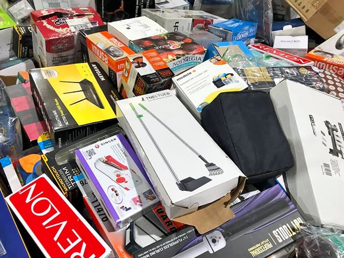 A jumble of boxed gadgets creates a tech treasure map. That garden rake might be exactly what you didn't know your life was missing. 