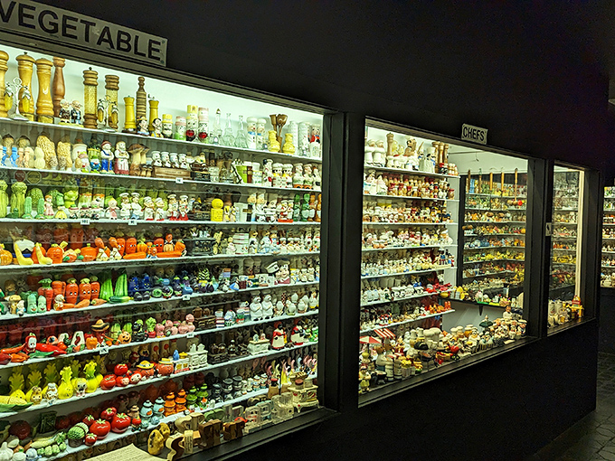 A kaleidoscope of culinary characters stands at attention behind glass. These vegetable-shaped shakers are ready for their close-up.