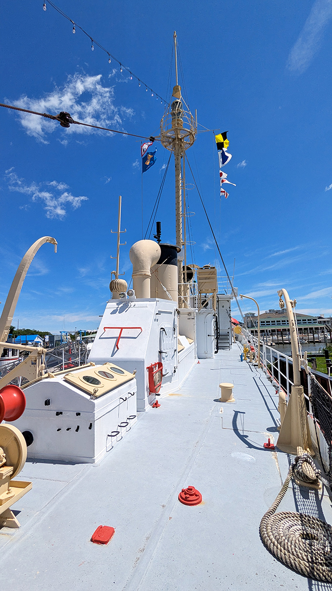 Walking the deck feels like stepping into a maritime time capsule, where every cleat, hatch, and fixture tells a story of life at sea.