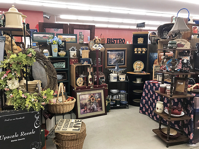 Every shelf tells a story in this meticulously arranged vendor space. The "BISTRO" sign hints at kitchen treasures waiting to transform someone's home cooking experience.