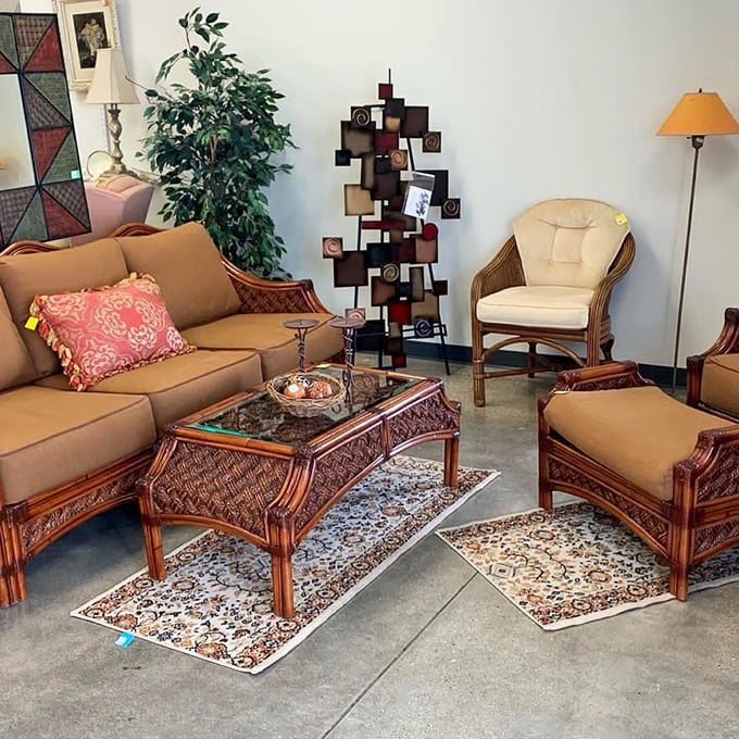This rattan collection is waiting for its second act. Coastal grandmother aesthetic meets Midwest practicality in this perfectly staged corner.