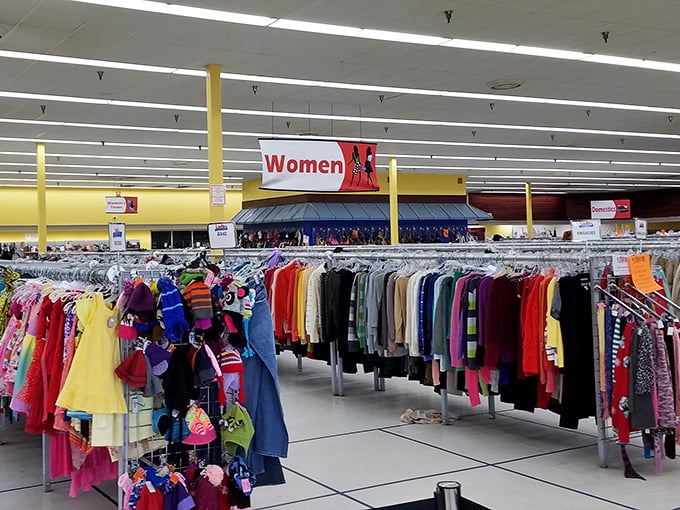 The women's section stretches as far as the eye can see—a kaleidoscope of fashion history where yesterday's trends await their comeback.