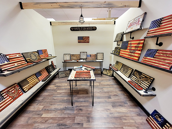 A patriotic collector's dream corner. These wooden flags tell America's story one handcrafted stripe at a time.