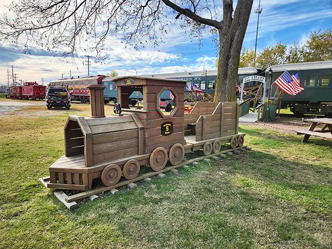 This wooden train playground might be the only locomotive where "I call engine!" doesn't start a family feud. Childhood imagination has no age limit here.