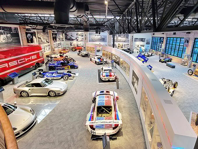 Peaceful waters outside, racing legends inside. The Brumos Collection's serene setting houses some of motorsport's most significant machines.