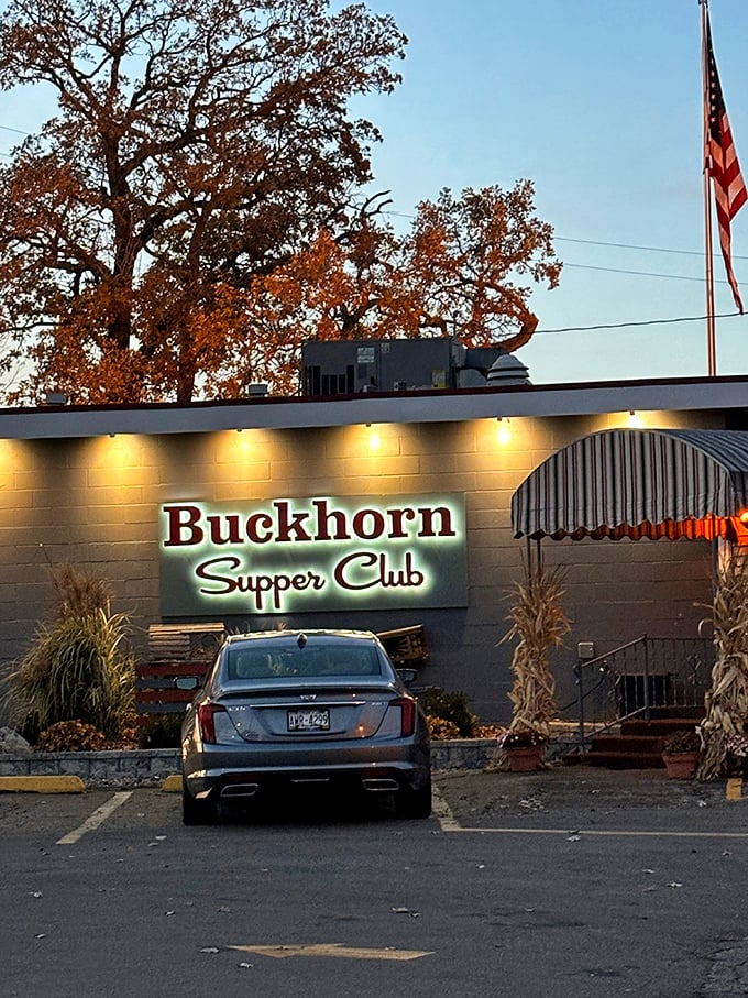 Buckhorn's illuminated sign promises comfort after sunset. Classic supper club vibes with a side of nostalgia.