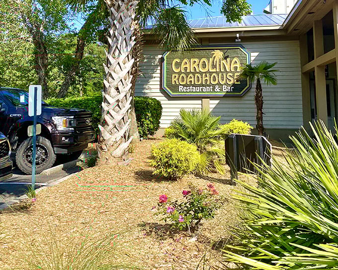Palm trees and coastal vibes set the scene for serious steak business. Beach casual meets culinary excellence.